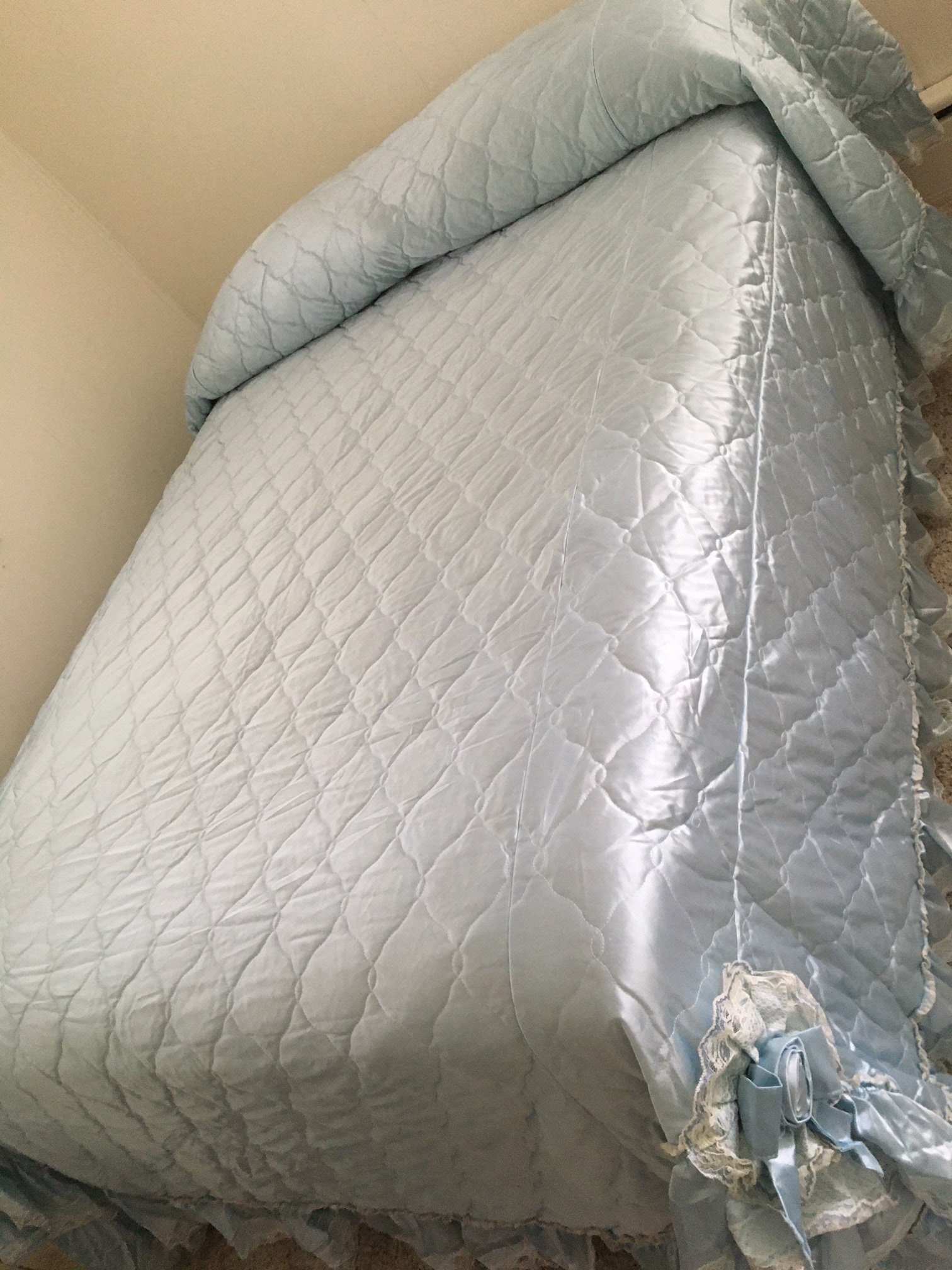 Vintage Blue Satin Quilted Bedspread - Pale Baby Blue - Lace & Ruffle ...