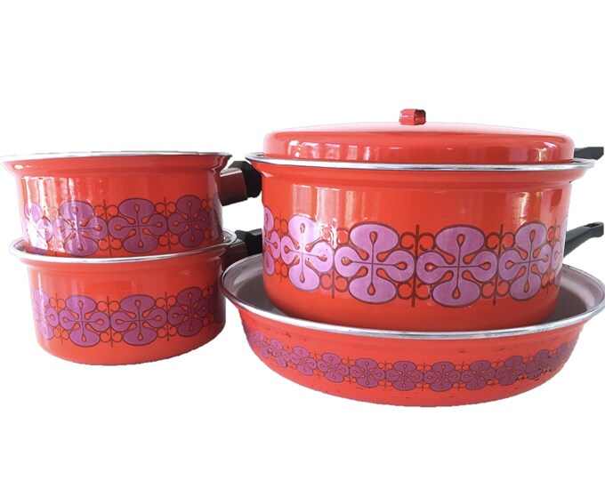 Vintage Enamel Cookware - Cooking Pots, Pans - Bright Orange W/ Mod ...