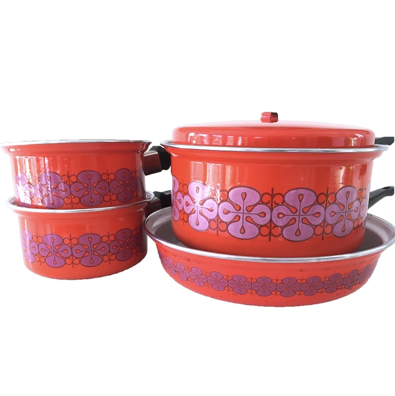 Vintage Enamel Cookware - Cooking Pots, Pans - Bright Orange W/ Mod ...