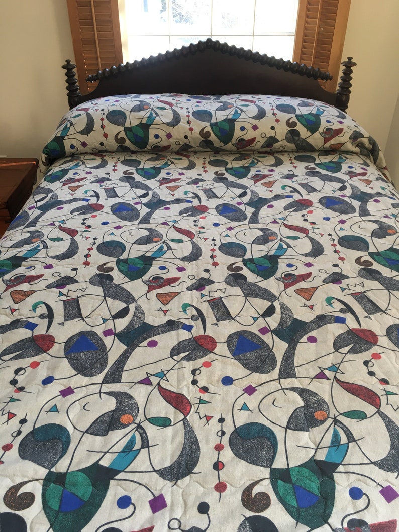 QUEEN SIZE – Vintage 1980s Quilted Bedspread – Multicolor Geometric ...