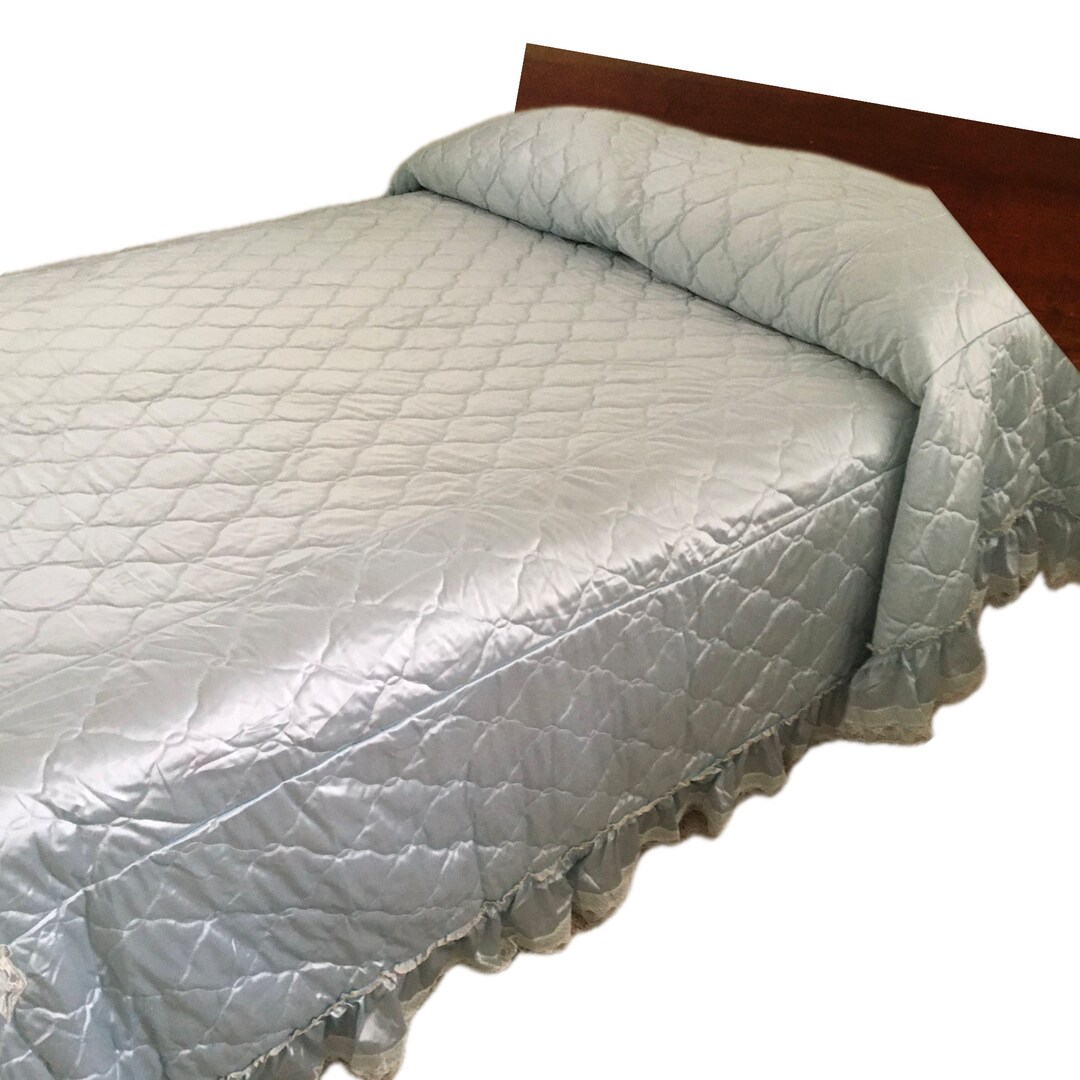 Vintage Blue Satin Quilted Bedspread – Lace & Ruffle Border - Frilled ...