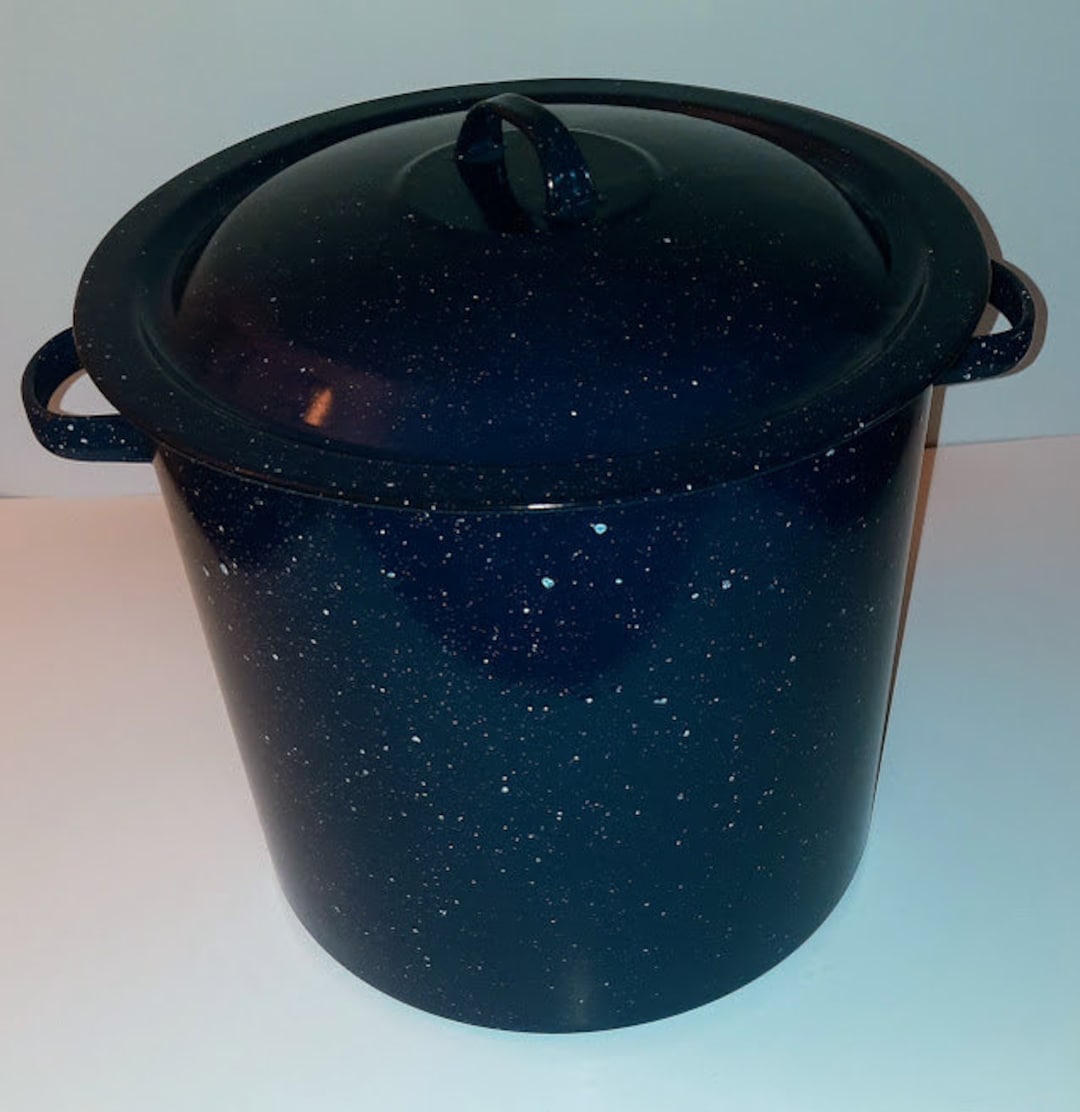 Large Vintage Blue Speckled Graniteware Enamelware Stock Pot and Lid ...
