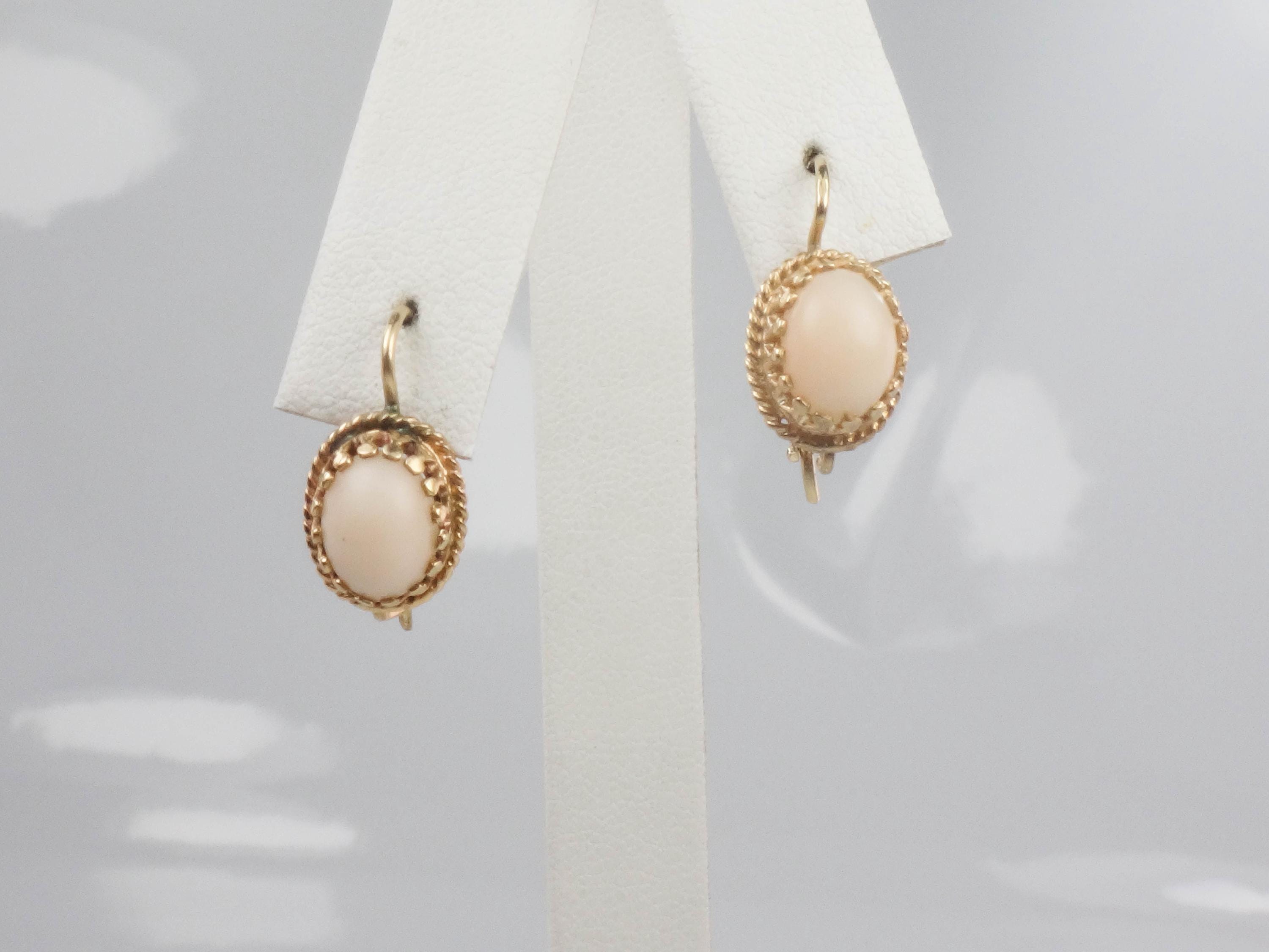Vintage 14k Yellow Gold Pale Pink Coral Dangle Earrings Etsy