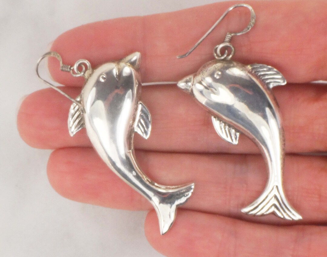 Vintage Sterling Silver Dolphin Earrings: 3D Puffed Sea Life Dangles - Etsy