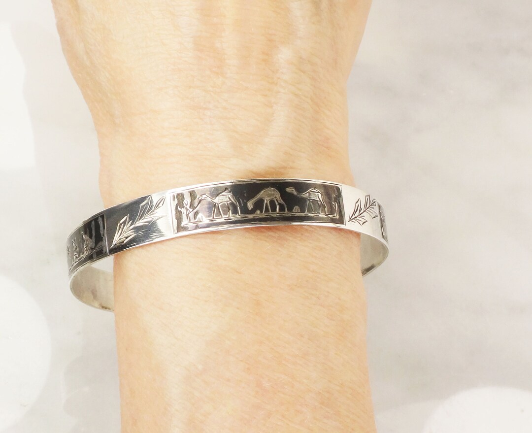 Vintage Egyptian Symbols Sterling Silver Bangle Bracelet Large Silver ...