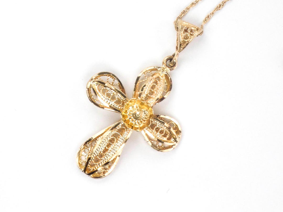 Vintage 14k Yellow Gold Filigree Cross Necklace Religious Jewelry 16.5 ...