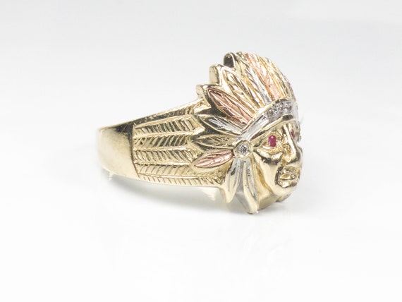 Vintage 14k Gold Diamond and Ruby Indian Head Ring, M… - Gem