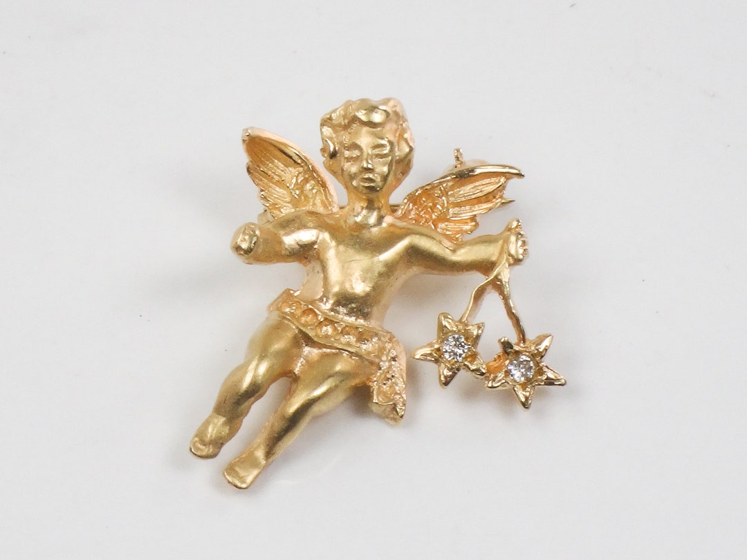 Vintage 14k Yellow Solid Gold Angel Pin With Diamond Stars 3-D Cherub ...