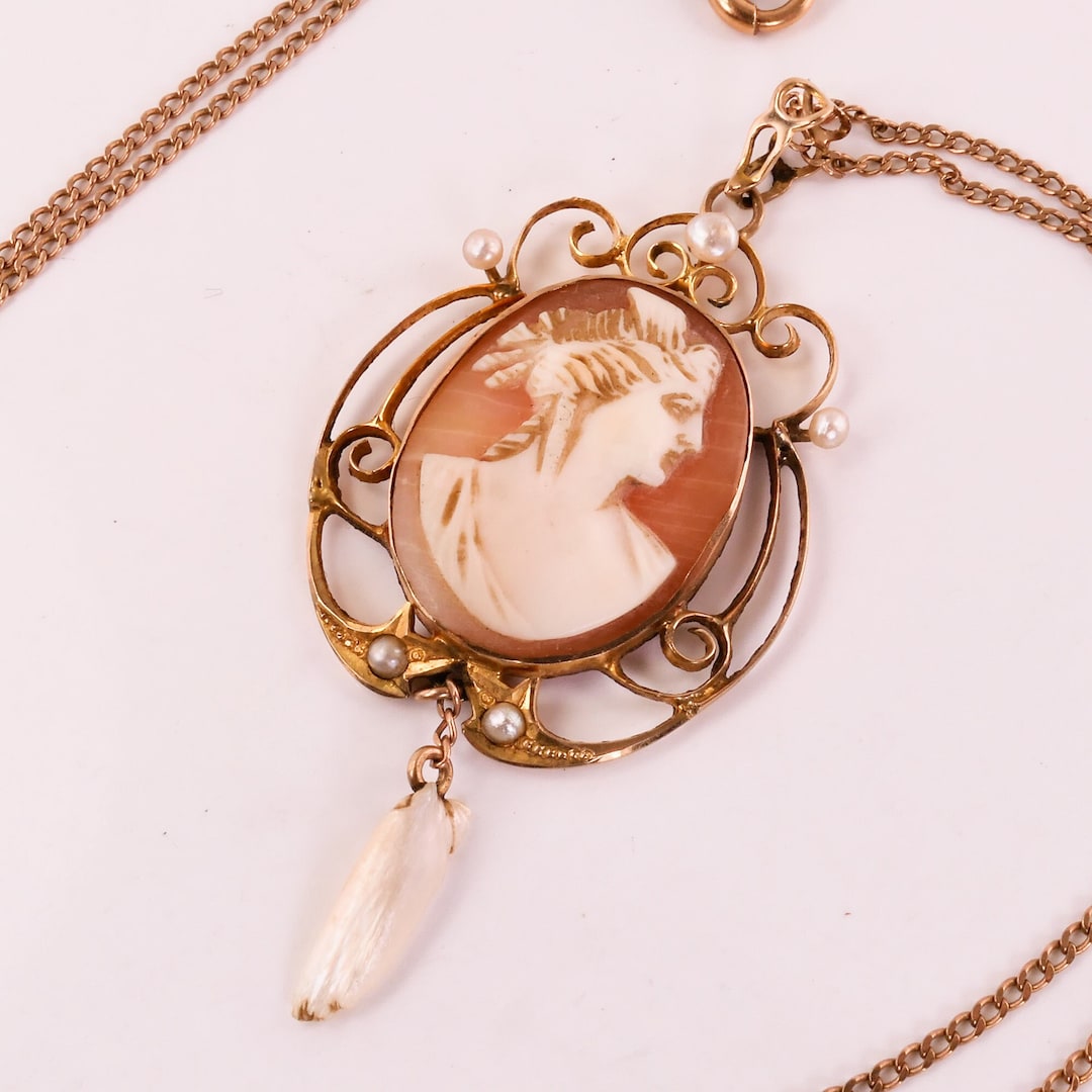 Antique 10k Gold Cameo Lavalier Necklace: Art Nouveau Seed Pearl ...