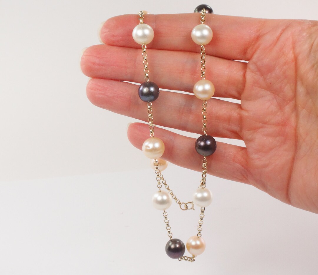 Vintage 14k Gold Pearl Station Necklace: Multi-colored Bridal Jewelry ...