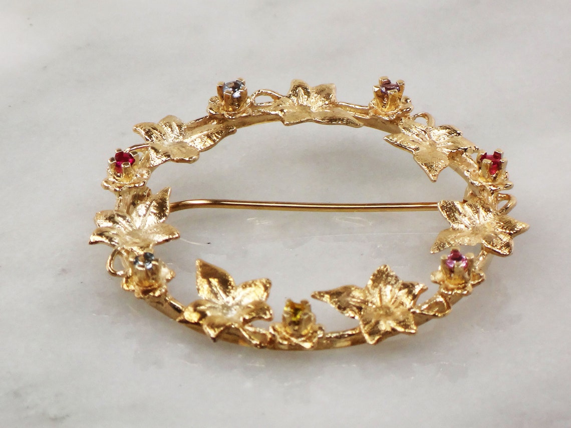Vintage 10k Gold Ivy Wreath Pin Jeweled Pin Gold Circle Pin - Etsy