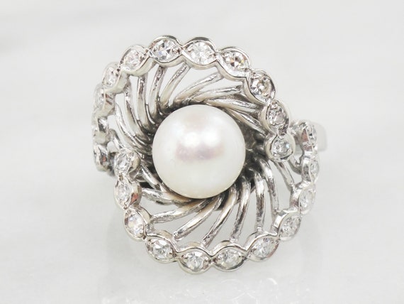 Vintage 14k White Gold Large Pearl and Natural Diamond Ring 7.5 mm White Saltwater Cultured Pearl Ring Size 5.75 Etsy