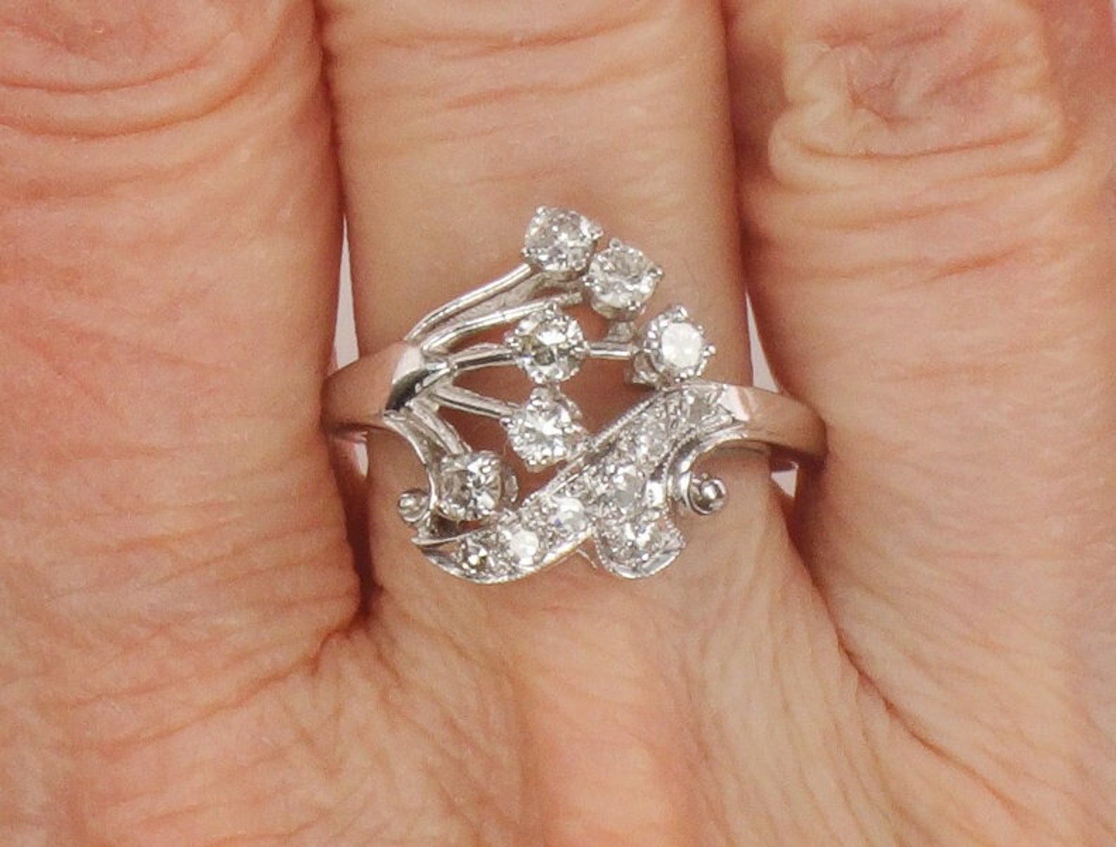 Vintage 14k White Gold Diamond Spray Ring - Retro Cocktail Ring Size 7 ...
