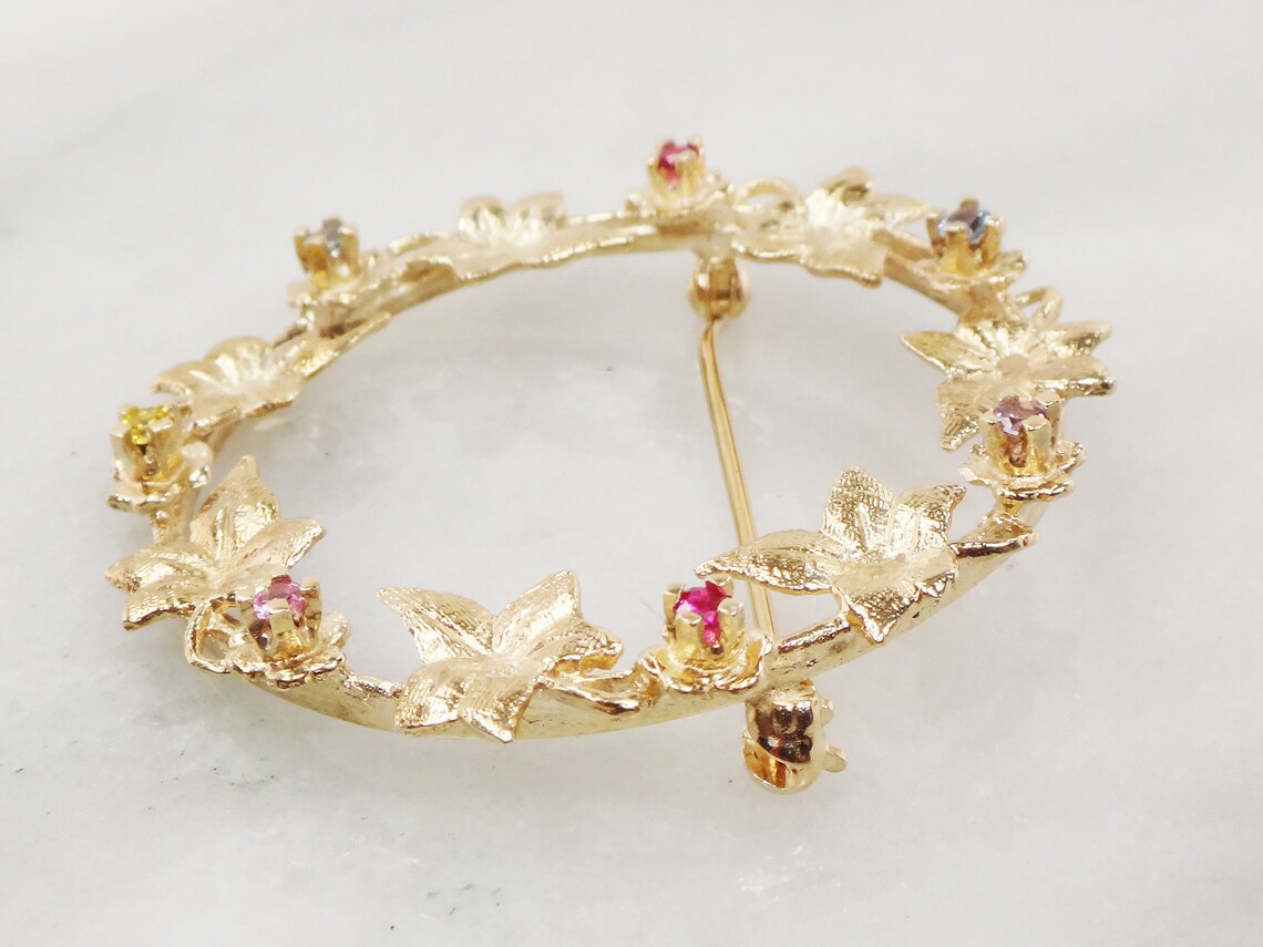 Vintage 10k Gold Ivy Wreath Pin Jeweled Pin Gold Circle Pin - Etsy