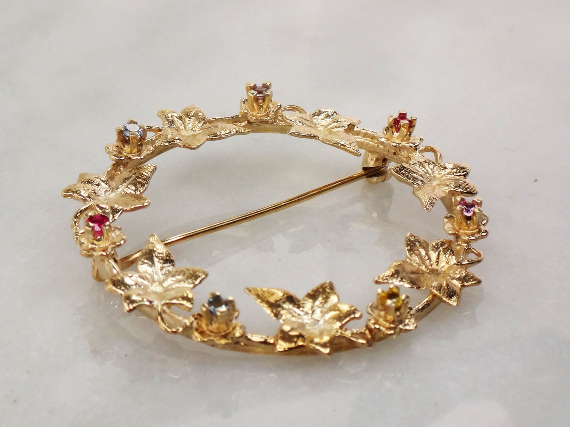 Vintage 10k Gold Ivy Wreath Pin Jeweled Pin Gold Circle Pin - Etsy