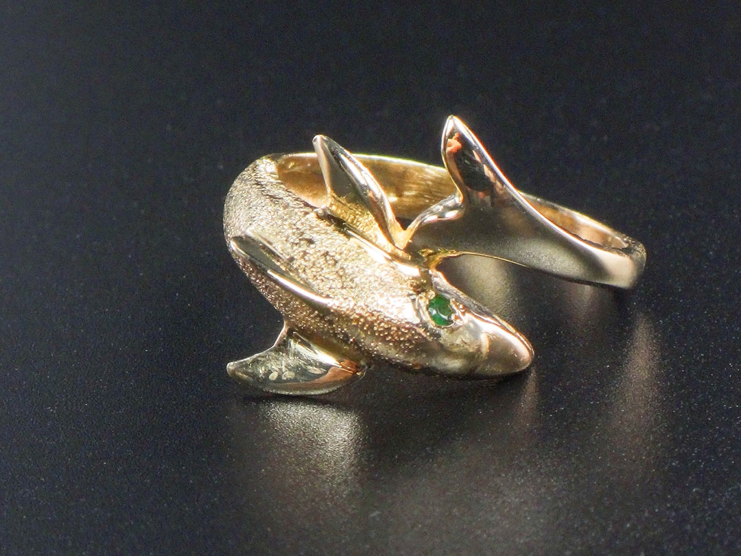 Vintage 14k Yellow Gold Dolphin Ring With Emerald Eyes, Ocean Sea ...