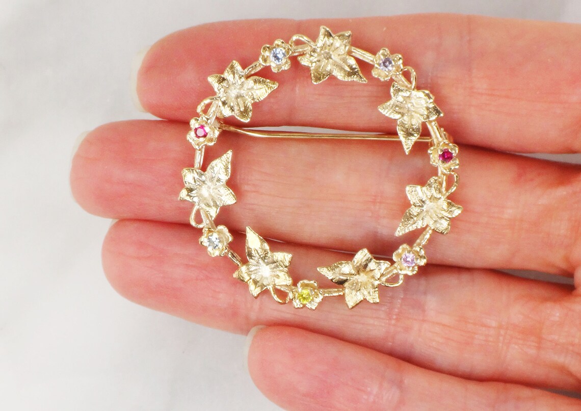 Vintage 10k Gold Ivy Wreath Pin Jeweled Pin Gold Circle Pin - Etsy