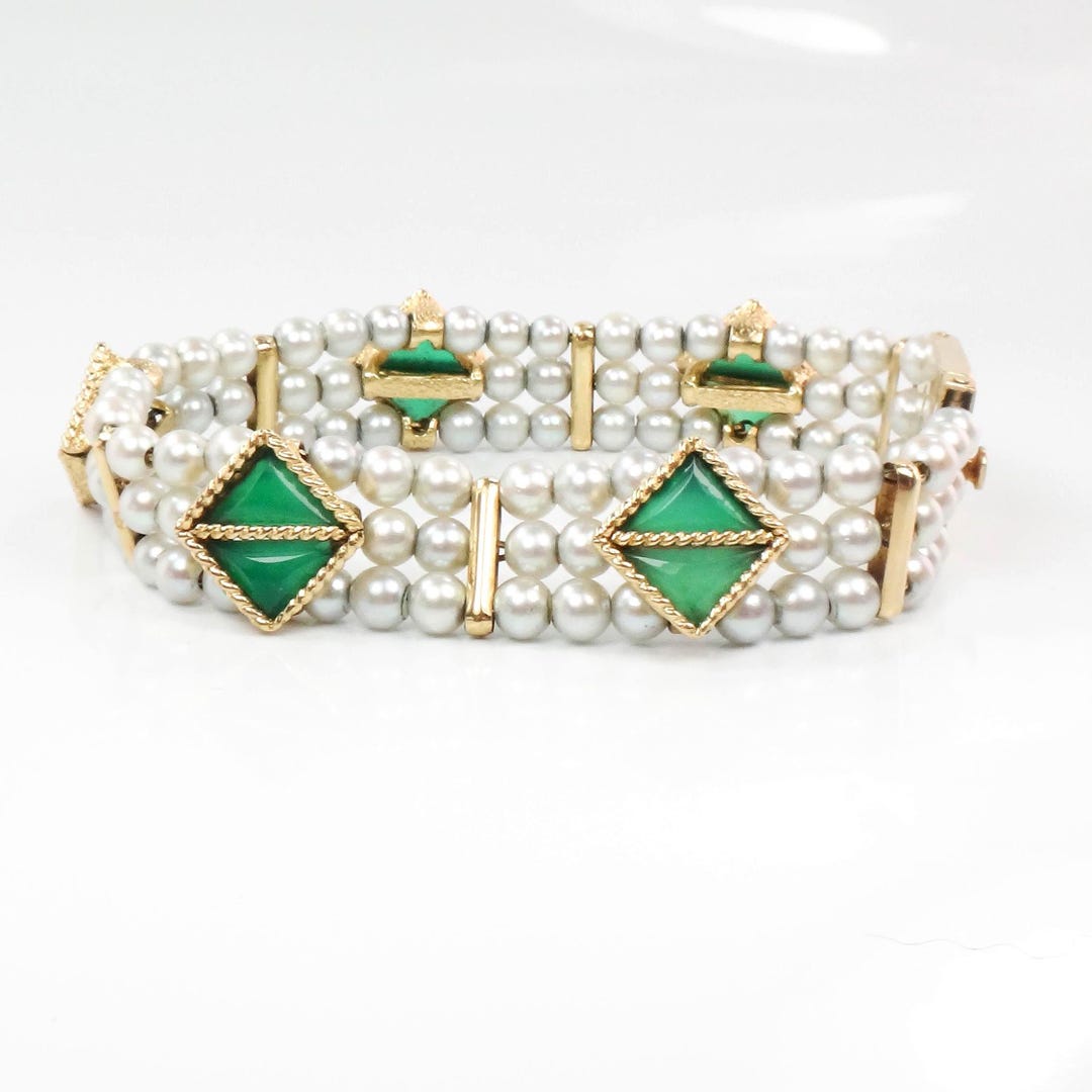 Vintage Lucien Piccard 14k Gold Gray Pearl & Chrysoprase Bracelet - 7 ...