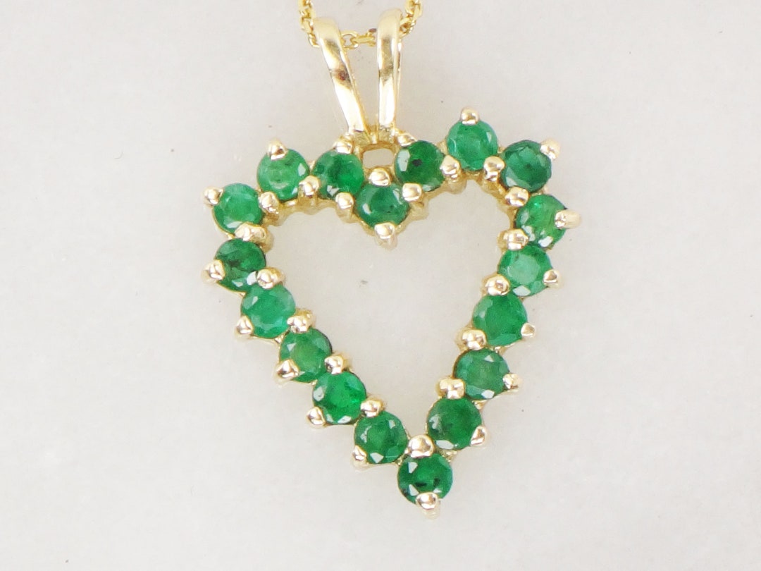 Vintage 14k Yellow Gold Natural Emerald Heart Necklace - Open Heart ...