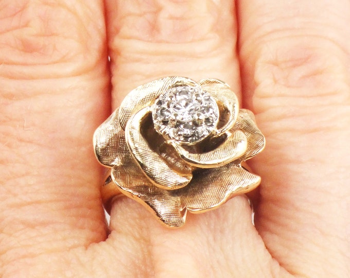 Vintage 14k Diamond Ring Large Rose Ring Diamond Rose Ring Floral Ring ...