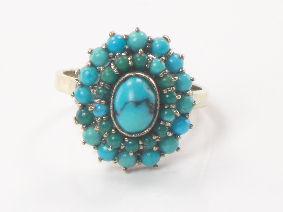 Vintage 10k Gold Turquoise Cluster Ring Blue Green Turquoise Oval Dome ...