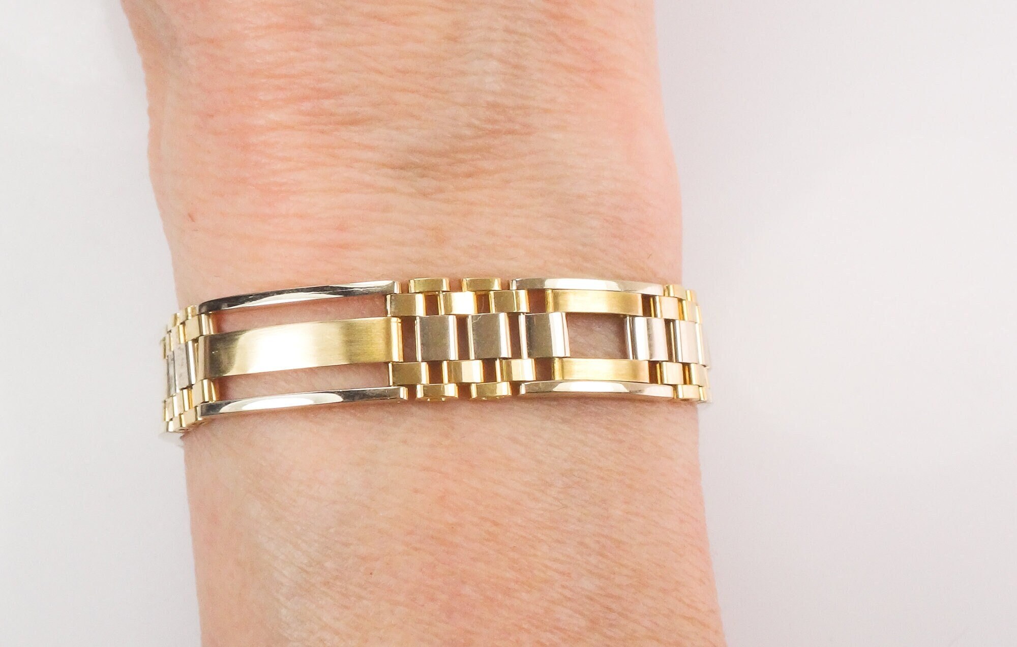 Vintage Solid 18ktwo-tone Gold Wide Link Bracelet, Large Vintage Solid 18ktwo-tone Gold Wide Link Bracelet, Large