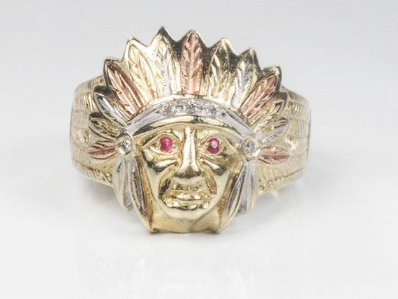Vintage 14k Gold Diamond and Ruby Indian Head Ring, M… - Gem