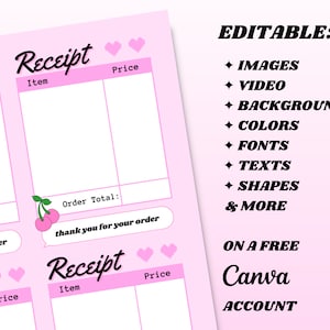 RECEIPT TEMPLATE, Cute Editable Order Receipt Form, Printable Canva ...