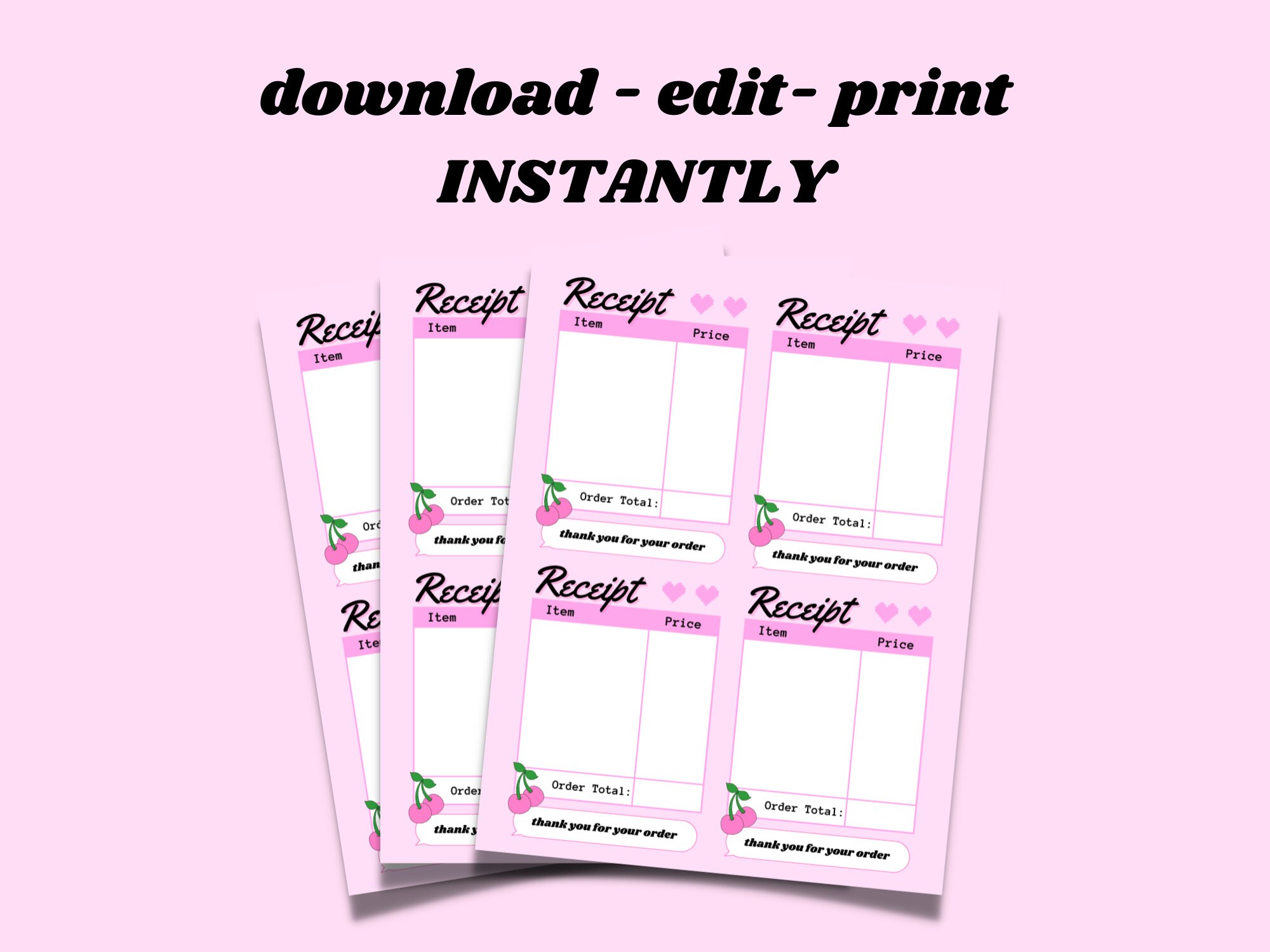 RECEIPT TEMPLATE Cute Editable Order Receipt Form Printable - Etsy Hong ...