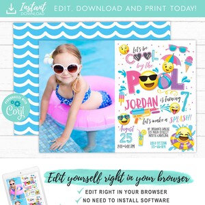 Emoji Pool Party Invitation Pool Party Birthday Invitation Photo Girl ...