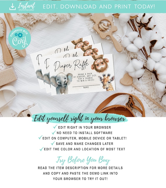 Cute Safari Diaper Raffle Card, A Wild One Safair Animals Diaper Raffle ...