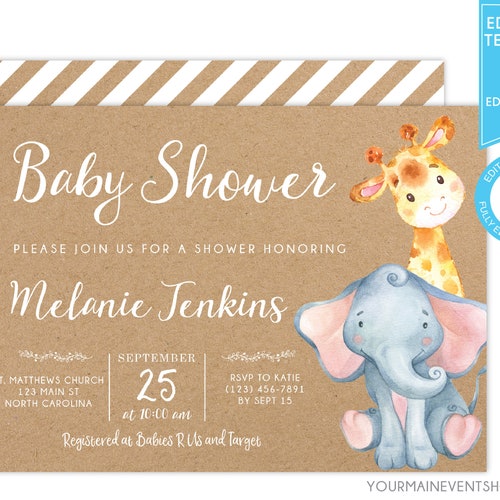Elephant Giraffe Baby Shower Invitation Template Set for - Etsy
