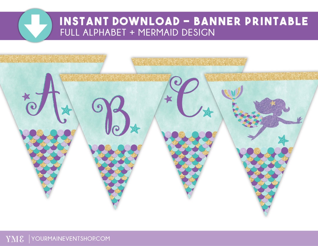 Mermaid Party Printable Banner • Water Color Mermaid Birthday Party ...