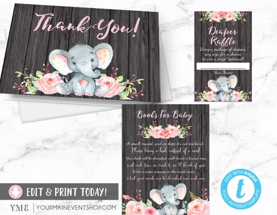 Elephant Baby Shower Book Request Card, Diaper Raffle, Thank You Card ...