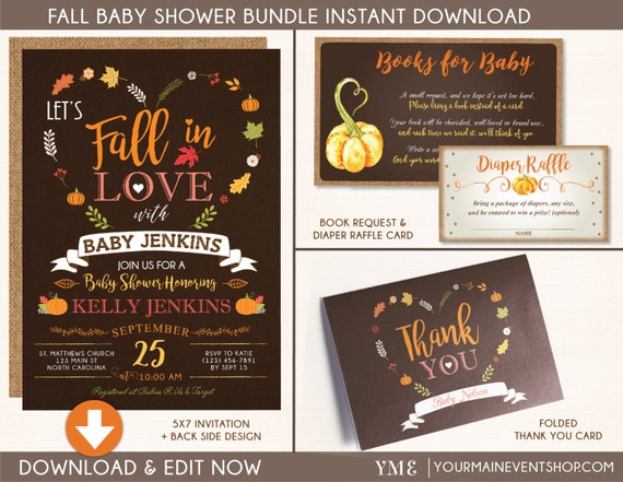 Fall Pumpkin Baby Shower Bundle • Invitation, Book Request Card, Diaper ...