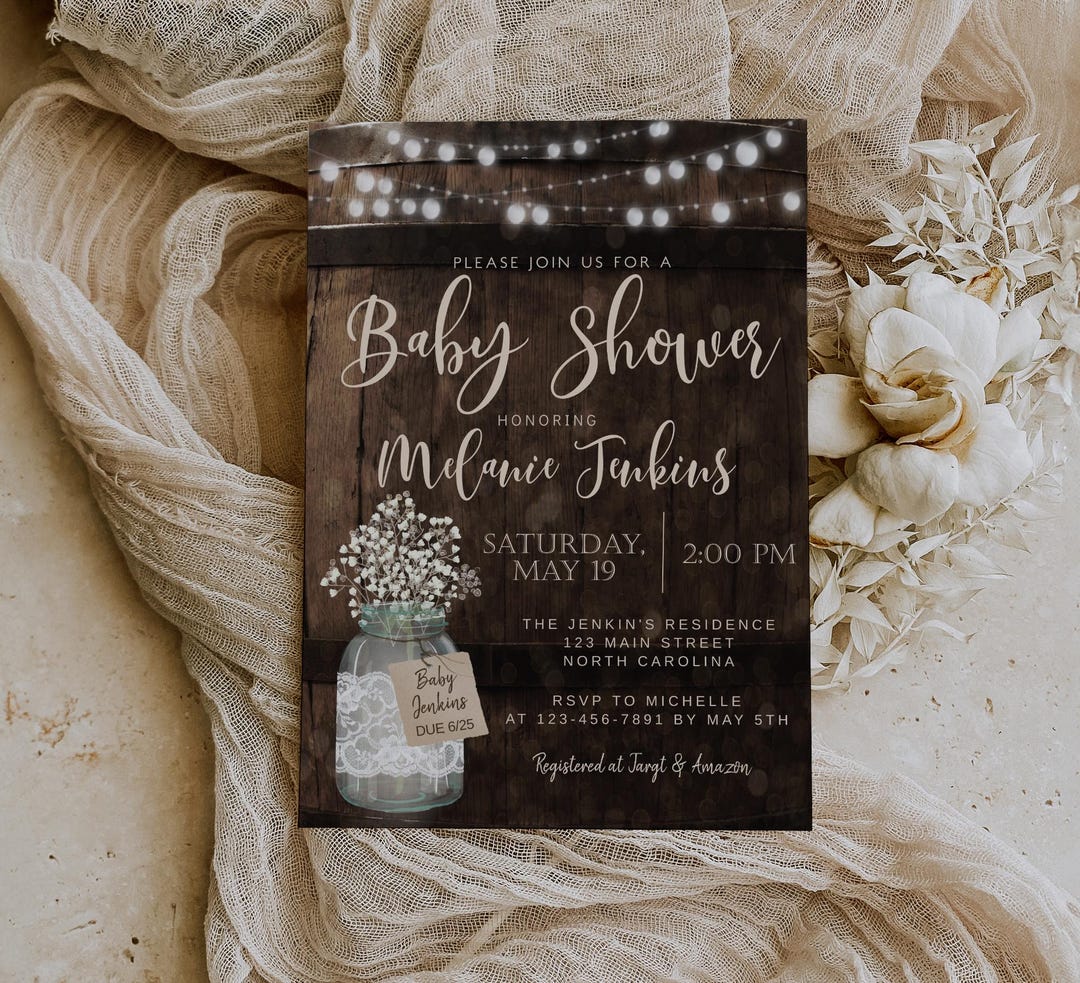 Country Rustic Baby Shower Invitation With Wood, Lace and Mason Jar - Etsy