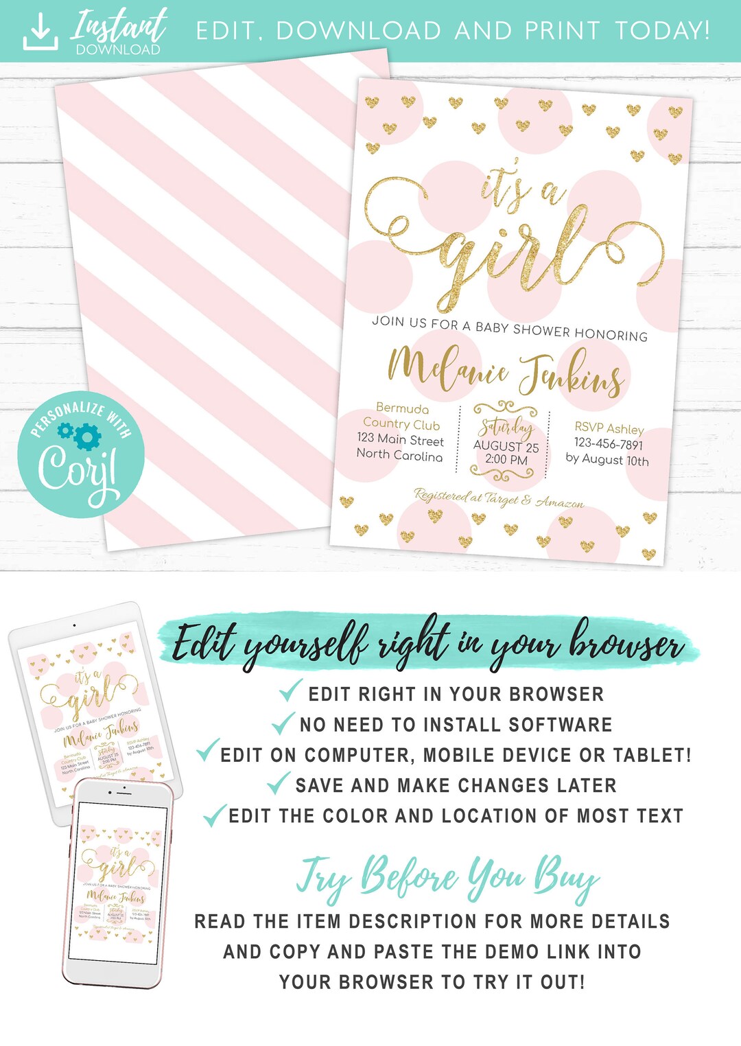 It's a Girl Baby Shower Invitation Pink and Gold Heart - Etsy