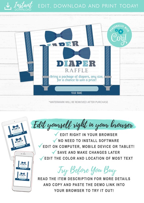 Little Man Diaper Raffle Cards, Boy Little Man Baby Shower Diaper ...