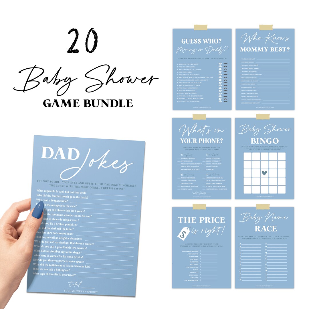 Minimalist Blue Baby Shower Games Bundle | Minimal Blue Themed Games ...