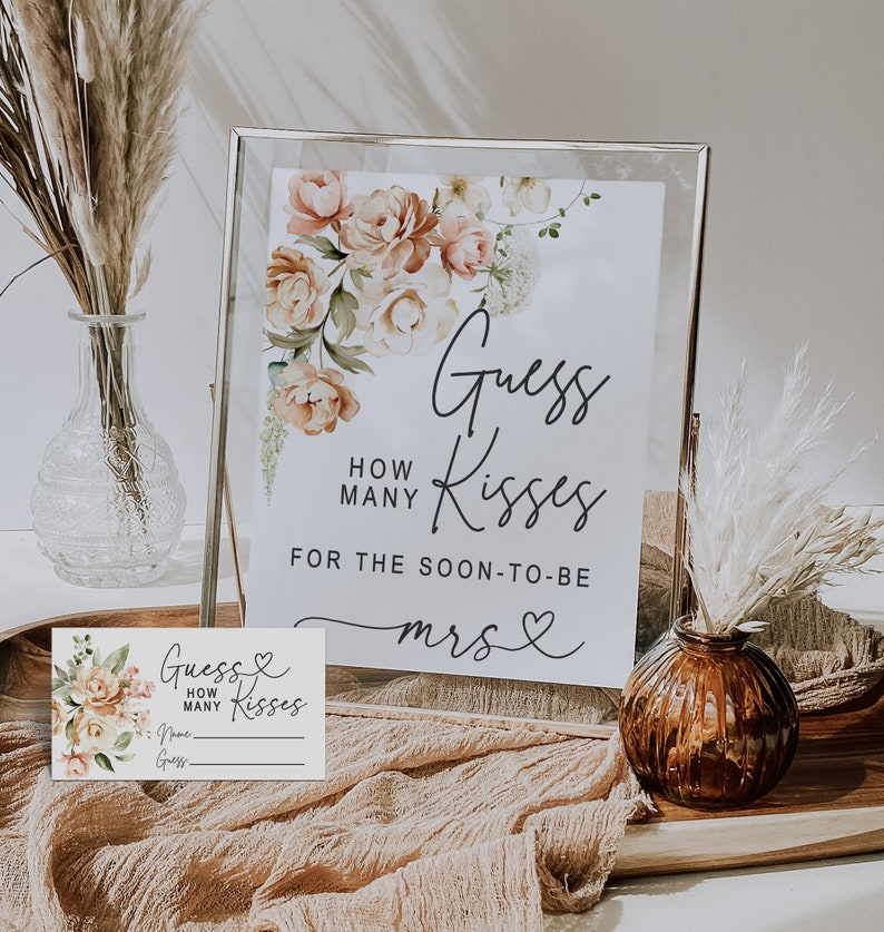Guess How Many Kisses Bridal Shower Game: Neutral Floral Print (digital ...