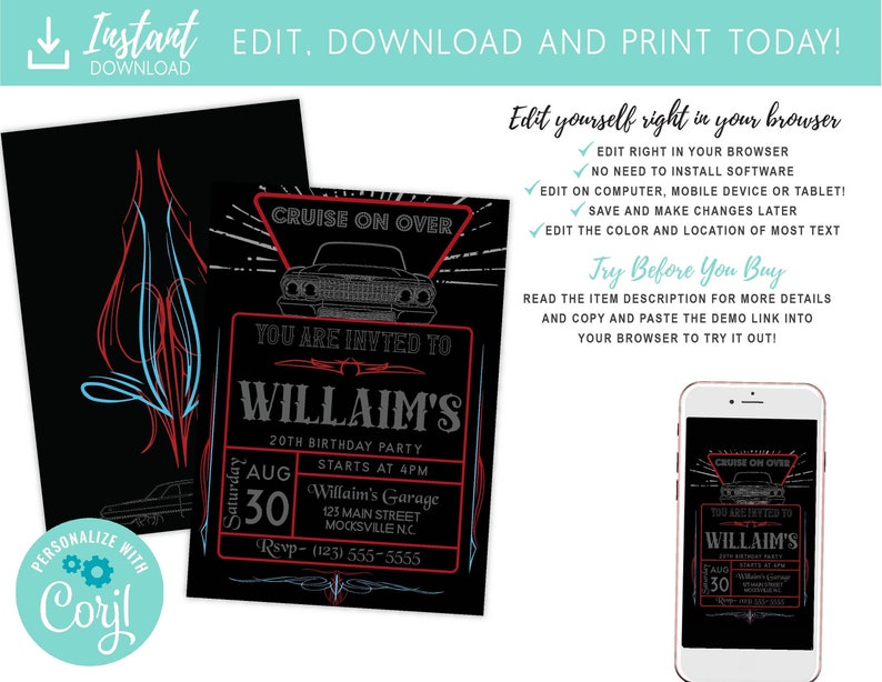 Hot Rod Party Birthday Invitation Hot Rodparty Invite Cars - Etsy