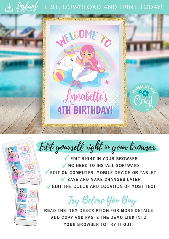 Unicorn Mermaid Pool Party Welcome Sign, Mermaid Party Welcome Sign ...