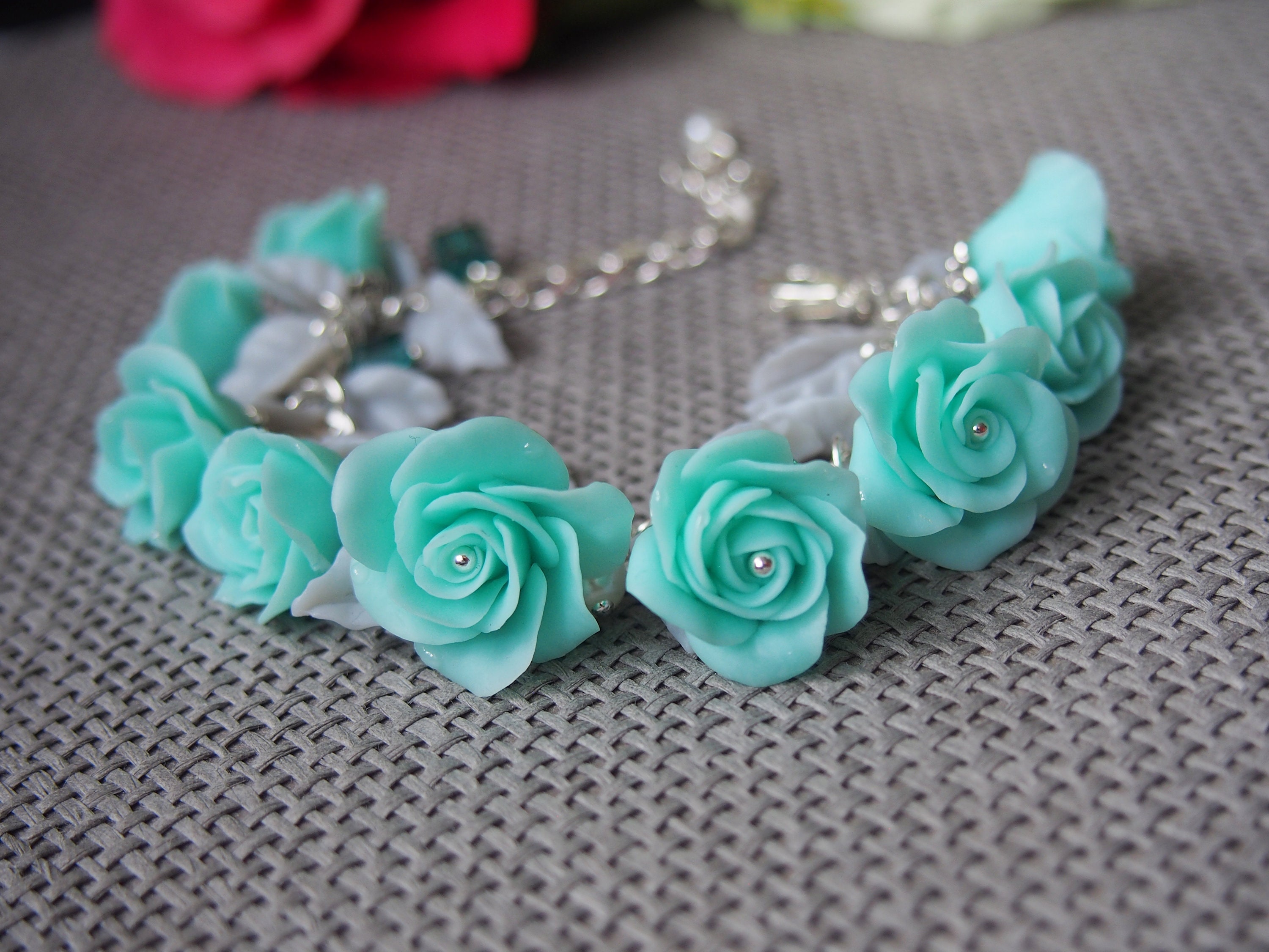 Mint Rose Bracelet charm bracelet grey leaves handmade rose | Etsy