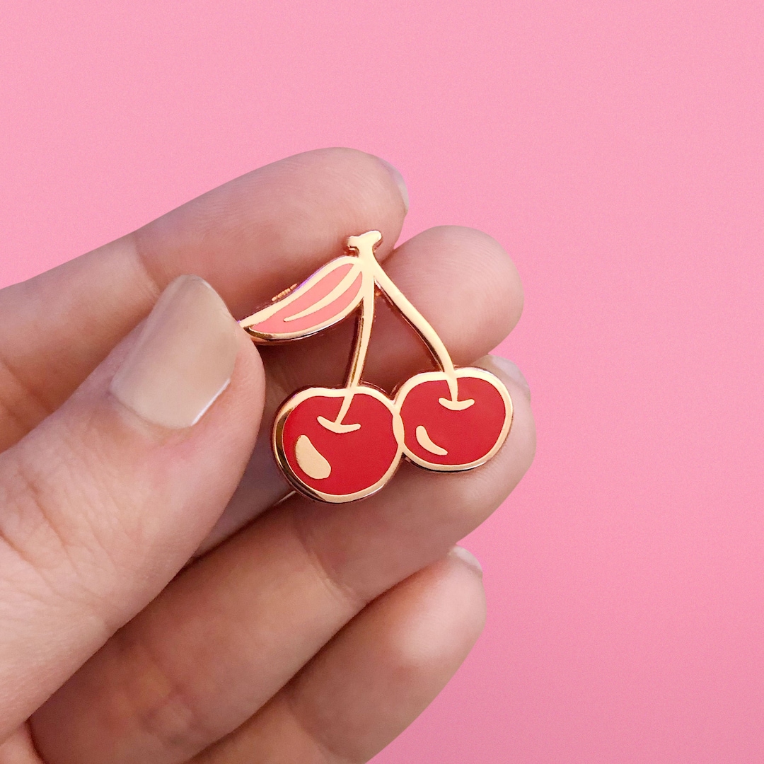 Pair of Lucky Cherries - Pins - 1.25" Hard Enamel - Pink - Rose Gold ...
