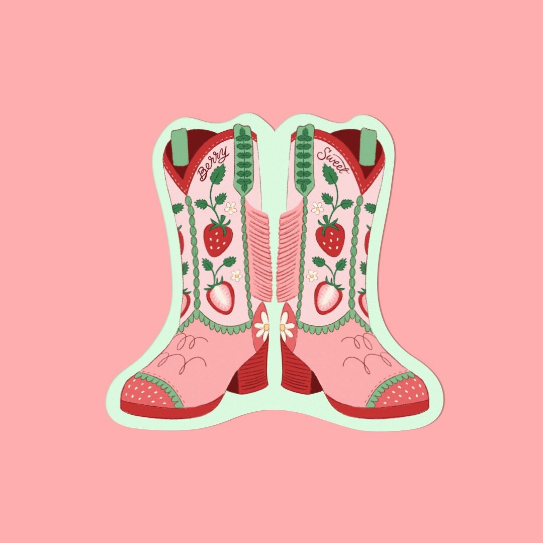 Berry Sweet Strawberry Cowboy Boots - Vinyl Die-cut Stickers - 3" X 2.5 ...