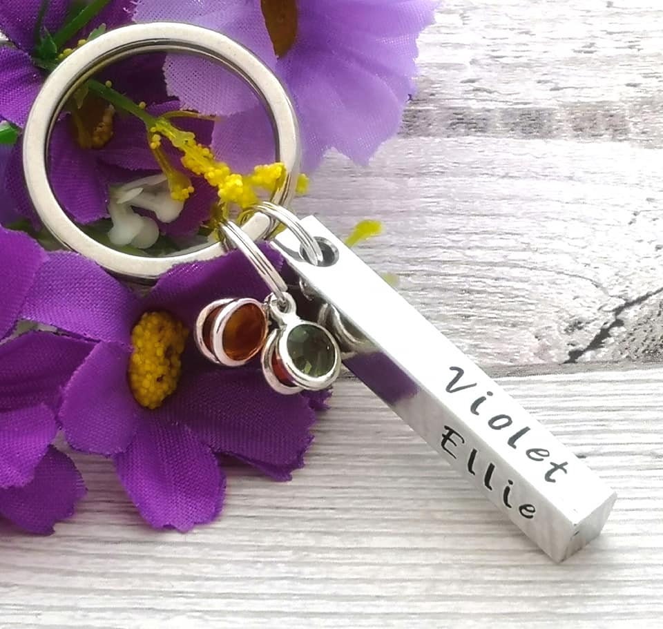 Personalised Keyring With Birthstone Crystals | Four Name Keyring ...