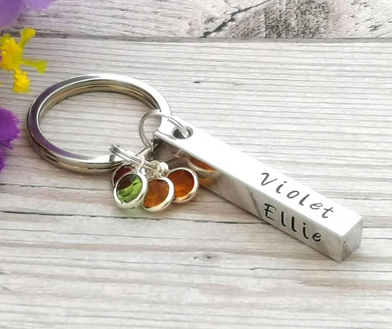 Personalised Keyring With Birthstone Crystals | Four Name Keyring ...