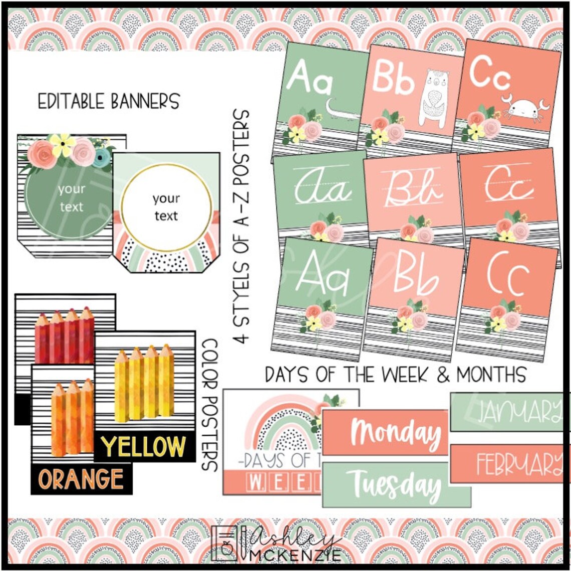 Boho Rainbow Flowers Classroom Decor Bundle Easy and Modern - Etsy