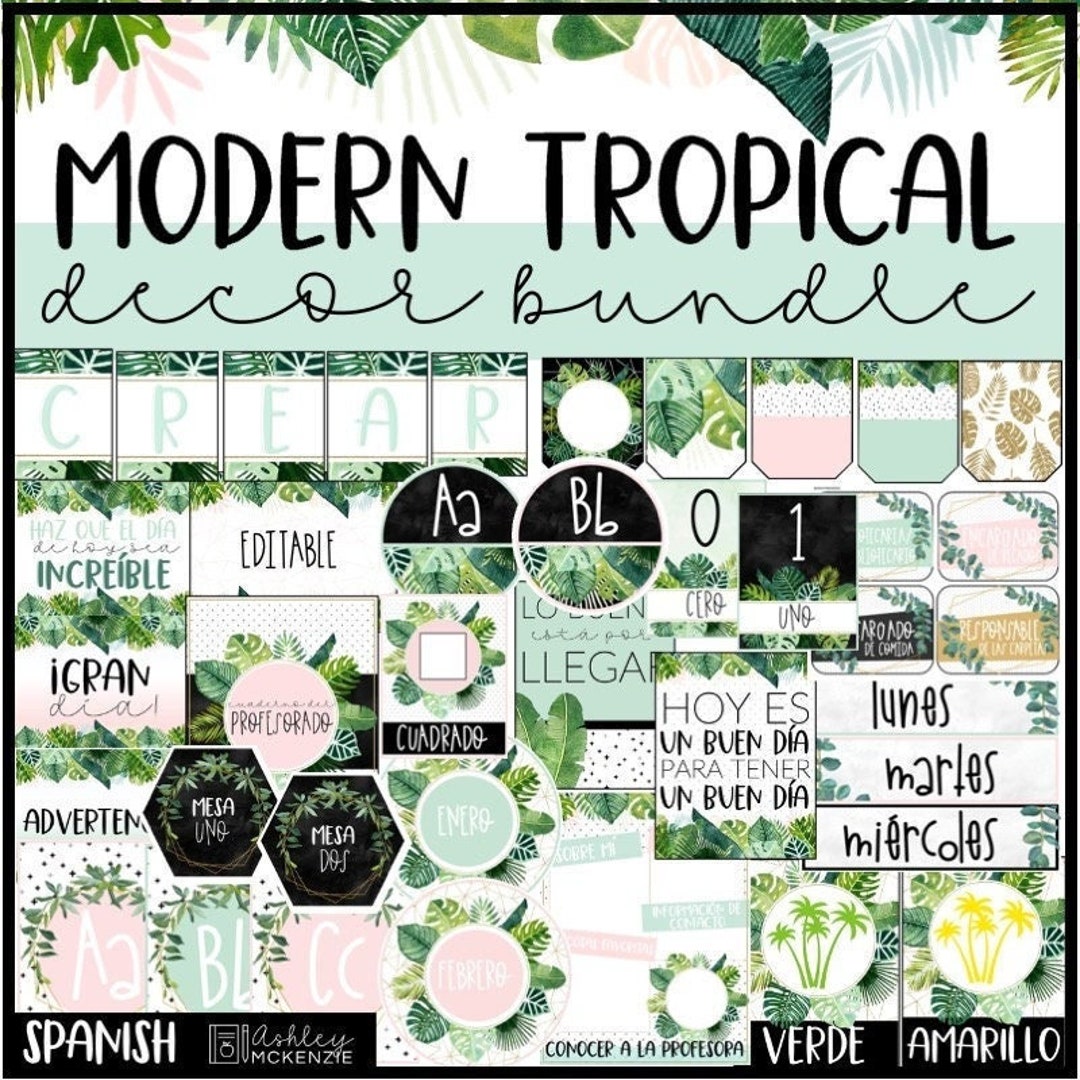 Modern Tropical Classroom Decor Bundle, Spanish Version, Back to School ...