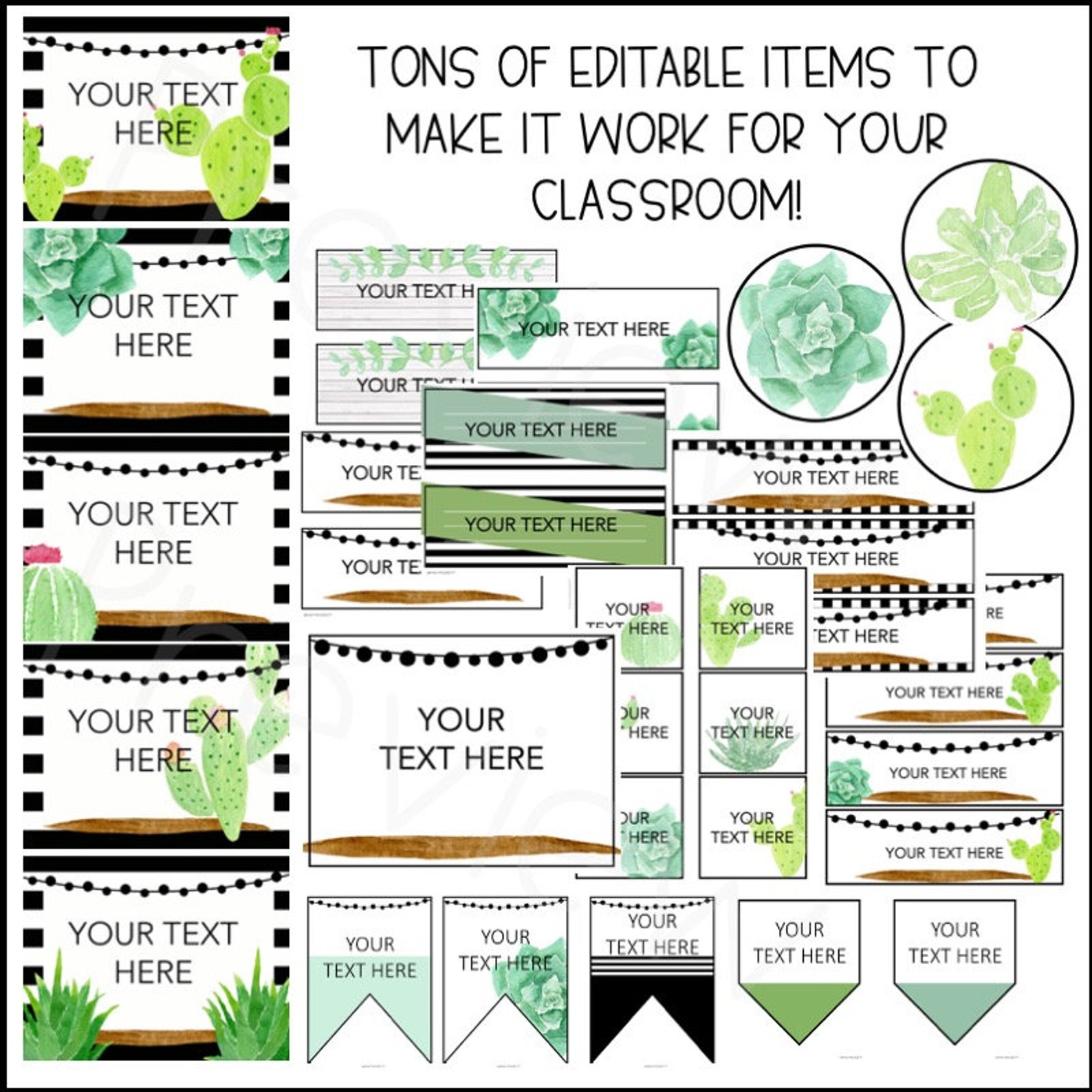 Watercolor Succulent and Cactus Classroom Decor Bundle, Easy and Modern ...